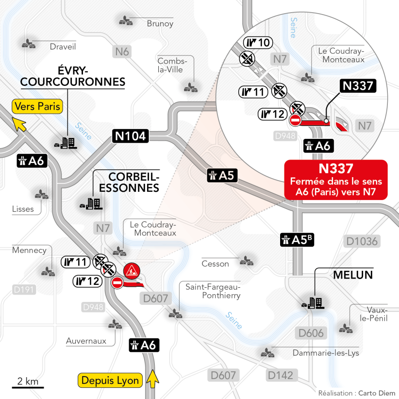 N337 : fermeture de l'accès à la D607, dans le sens Paris > Melun, la nuit du 16 octobre de 22h ...